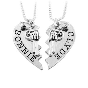 meiligo® womens mens alloy hip-hop bonnie clyde letter machine gun necklace key chain hand gun revolver pistol pendant matching heart jewelry (necklace - silver(2pcs))