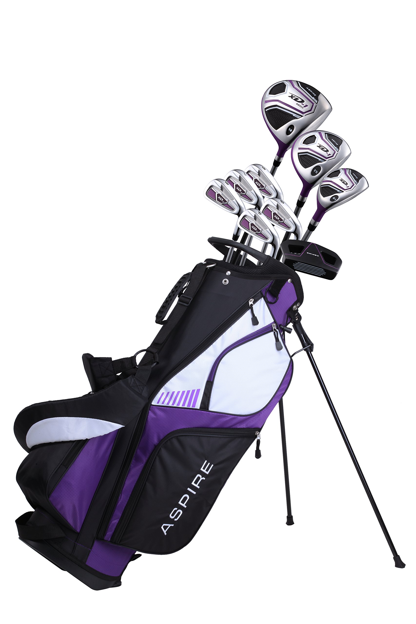 Aspire XD1 Ladies Womens Complete Right Handed Golf Clubs Set Includes Titanium Driver, S.S. Fairway, S.S. Hybrid, S.S. 6-PW Irons, Putter, Stand Bag, 3 H/C's Purple (Right Hand Petite -1")