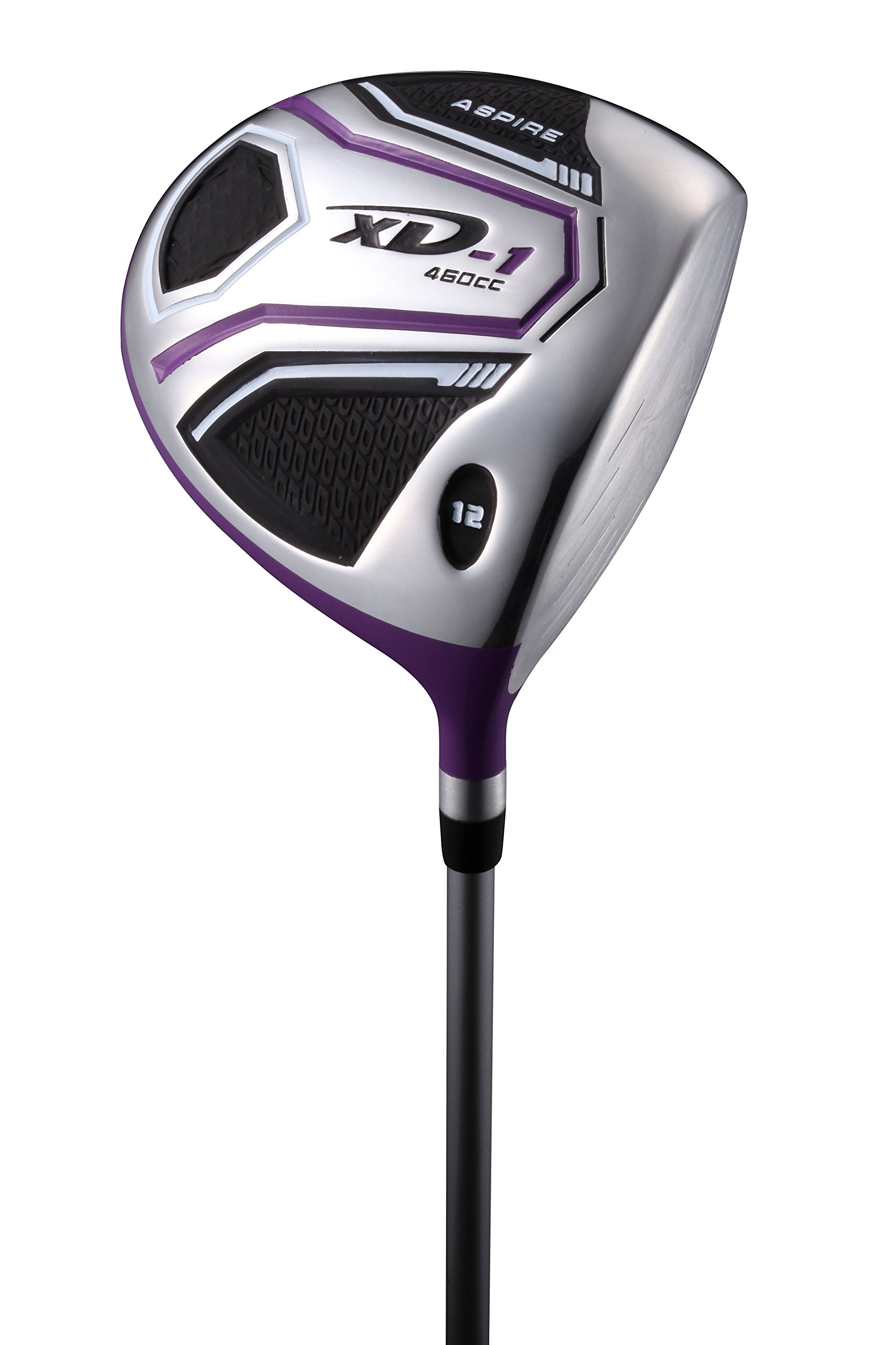 Aspire XD1 Ladies Womens Complete Right Handed Golf Clubs Set Includes Titanium Driver, S.S. Fairway, S.S. Hybrid, S.S. 6-PW Irons, Putter, Stand Bag, 3 H/C's Purple (Right Hand Petite -1")