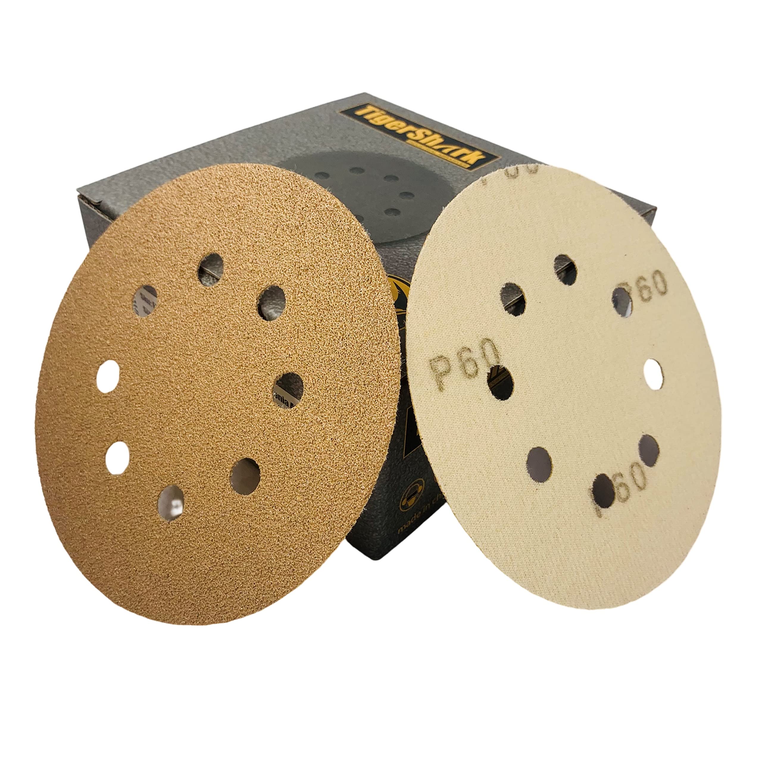 TigerShark 5 Inch Sanding Discs 8 Hole Grit 60 50pcs Pack Special Anti Clog Coatin Paper Gold Line Hook and Loop Dustless Random Orbital Sander Paper Coarse