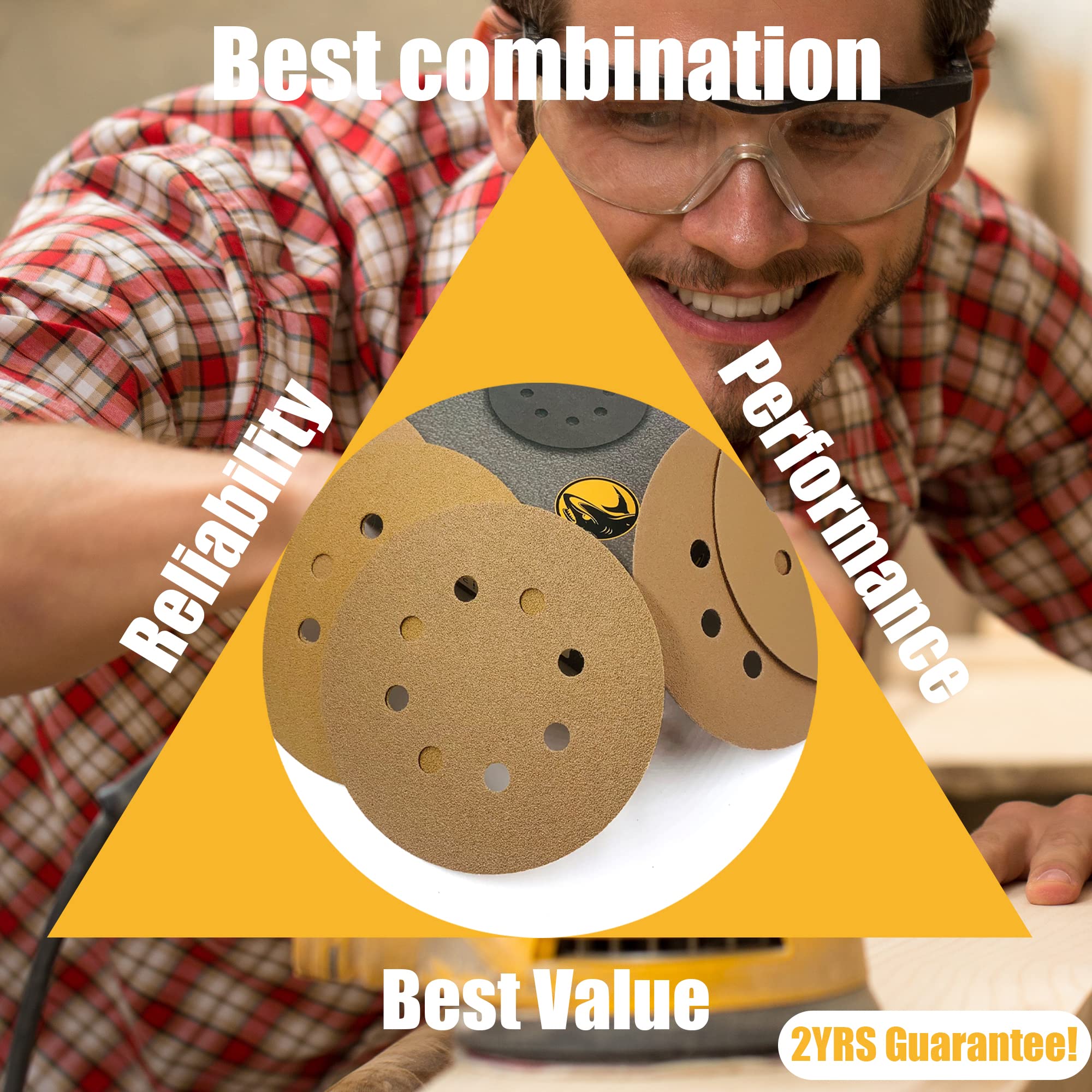 TigerShark 5 Inch Sanding Discs 8 Hole Grit 60 50pcs Pack Special Anti Clog Coatin Paper Gold Line Hook and Loop Dustless Random Orbital Sander Paper Coarse