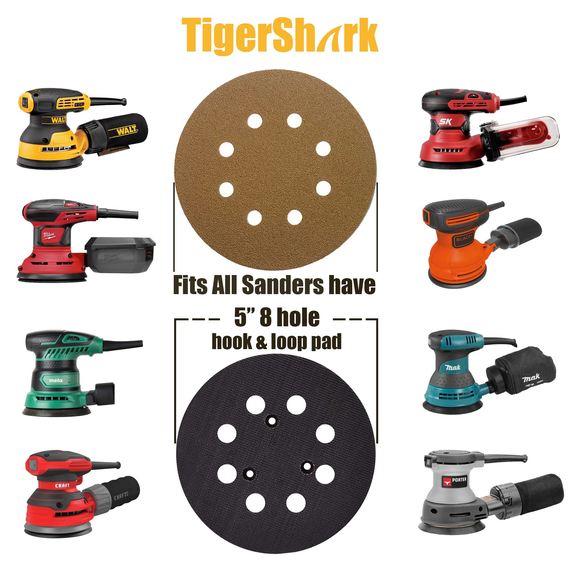 TigerShark 5 Inch Sanding Discs 8 Hole Grit 60 50pcs Pack Special Anti Clog Coatin Paper Gold Line Hook and Loop Dustless Random Orbital Sander Paper Coarse