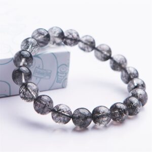 LiZiFang Brazil Natural Black Rutilated Quartz Crystal Round Bead Bracelet 10mm