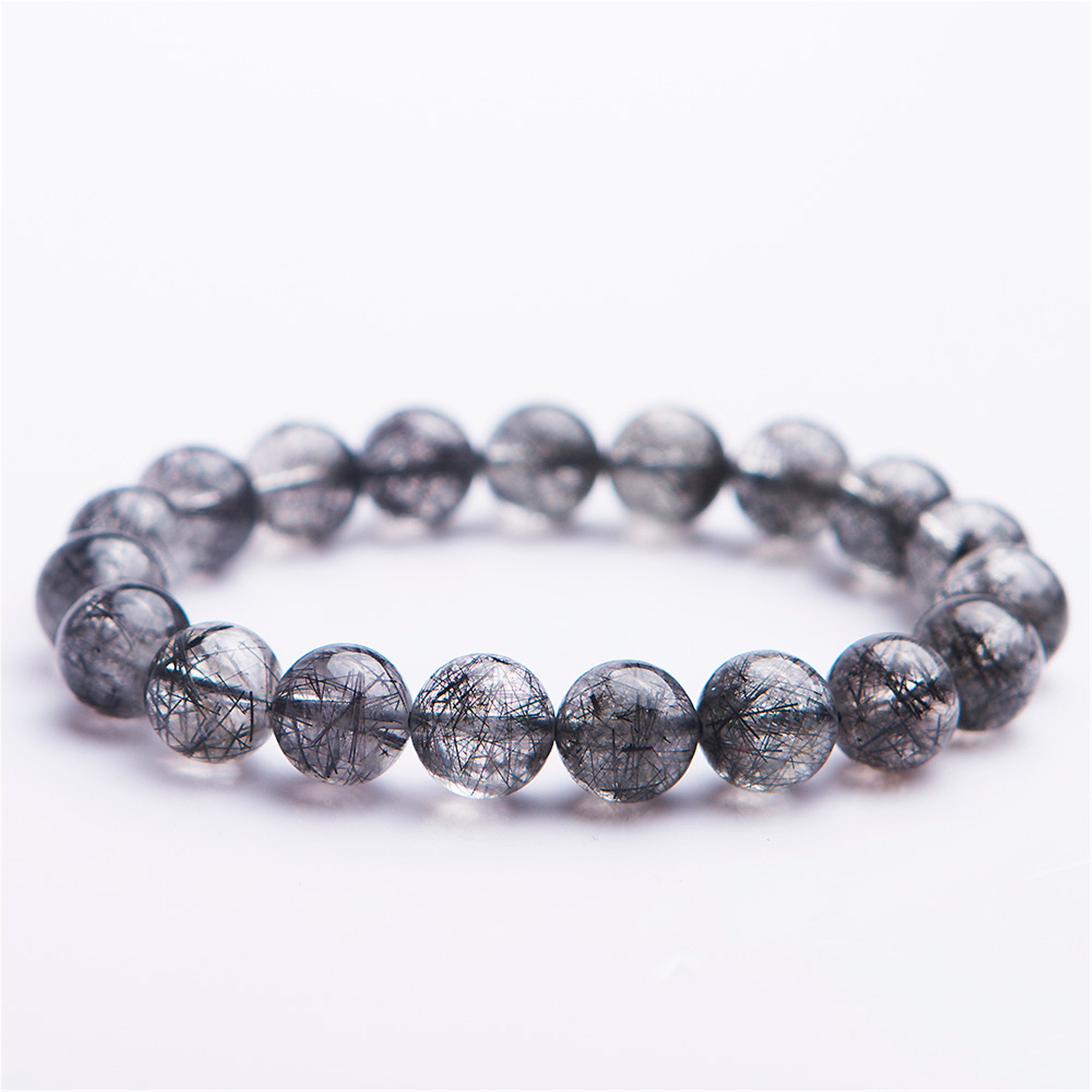 LiZiFang Brazil Natural Black Rutilated Quartz Crystal Round Bead Bracelet 10mm