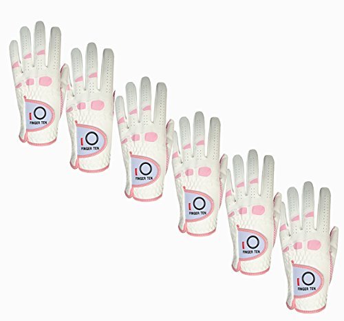 FINGER TEN Women’s Golf Gloves Ladies Left Hand Right Value 6 Pack, All Weather Extra Grip Lh Rh, Size Fit Small Medium Large XL (6 Pack Milkly, Medium, Left)