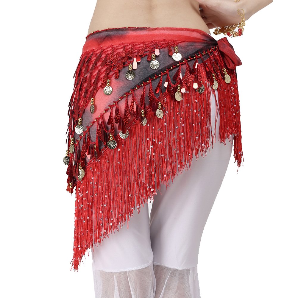 MUNAFIE Belly Dancing Belt Colorful Waist Chain Belly Dance Hip Scarf Belt Triangle Skirt (Red)