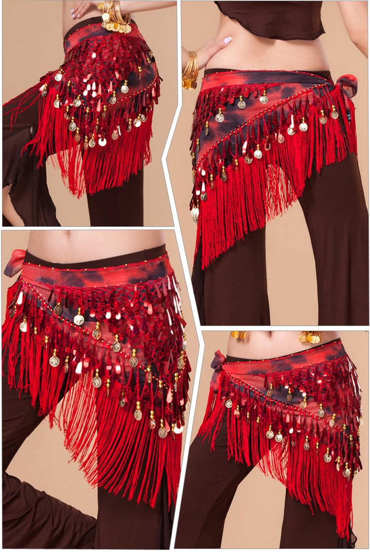 MUNAFIE Belly Dancing Belt Colorful Waist Chain Belly Dance Hip Scarf Belt Triangle Skirt (Red)