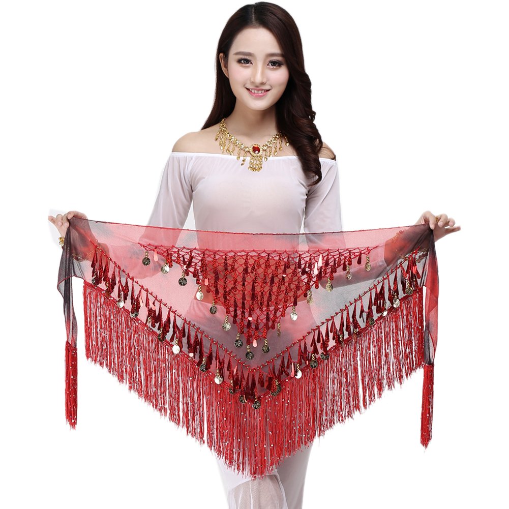 MUNAFIE Belly Dancing Belt Colorful Waist Chain Belly Dance Hip Scarf Belt Triangle Skirt (Red)