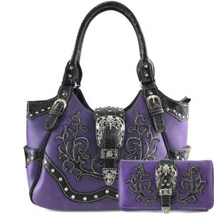 justin west tooled laser cut leather floral embroidery rhinestone buckle studded shoulder concealed carry tote style handbag purse (purple purse and wallet set)