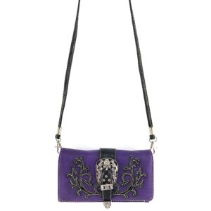 Justin West Tooled Laser Cut Leather Floral Embroidery Rhinestone Buckle Studded Shoulder Concealed Carry Tote Style Handbag Purse (Purple Purse and Wallet Set)