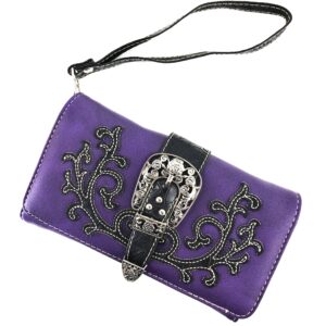 Justin West Tooled Laser Cut Leather Floral Embroidery Rhinestone Buckle Studded Shoulder Concealed Carry Tote Style Handbag Purse (Purple Purse and Wallet Set)