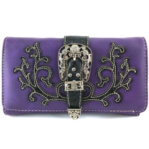 Justin West Tooled Laser Cut Leather Floral Embroidery Rhinestone Buckle Studded Shoulder Concealed Carry Tote Style Handbag Purse (Purple Purse and Wallet Set)