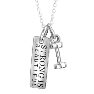 sterling silver necklace "strong is beautiful" engraved dumbbell barbell gym buff pendant necklace 18"