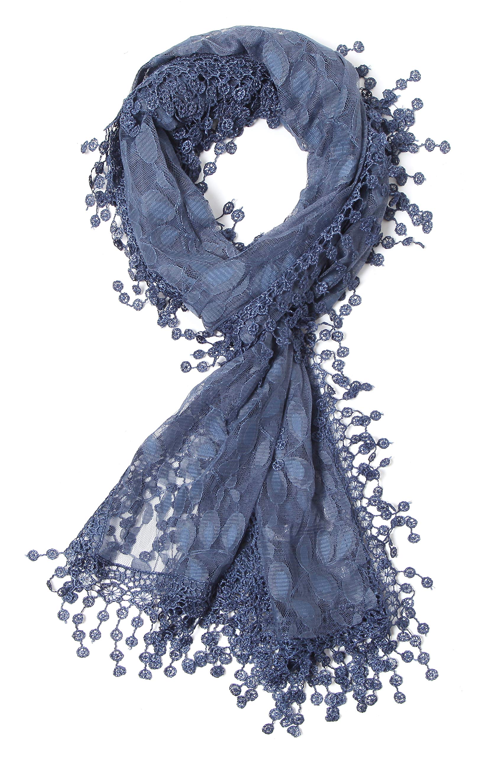 Cindy and Wendy Lightweight Soft Leaf Lace Fringes Scarf shawl for Women (Navy)