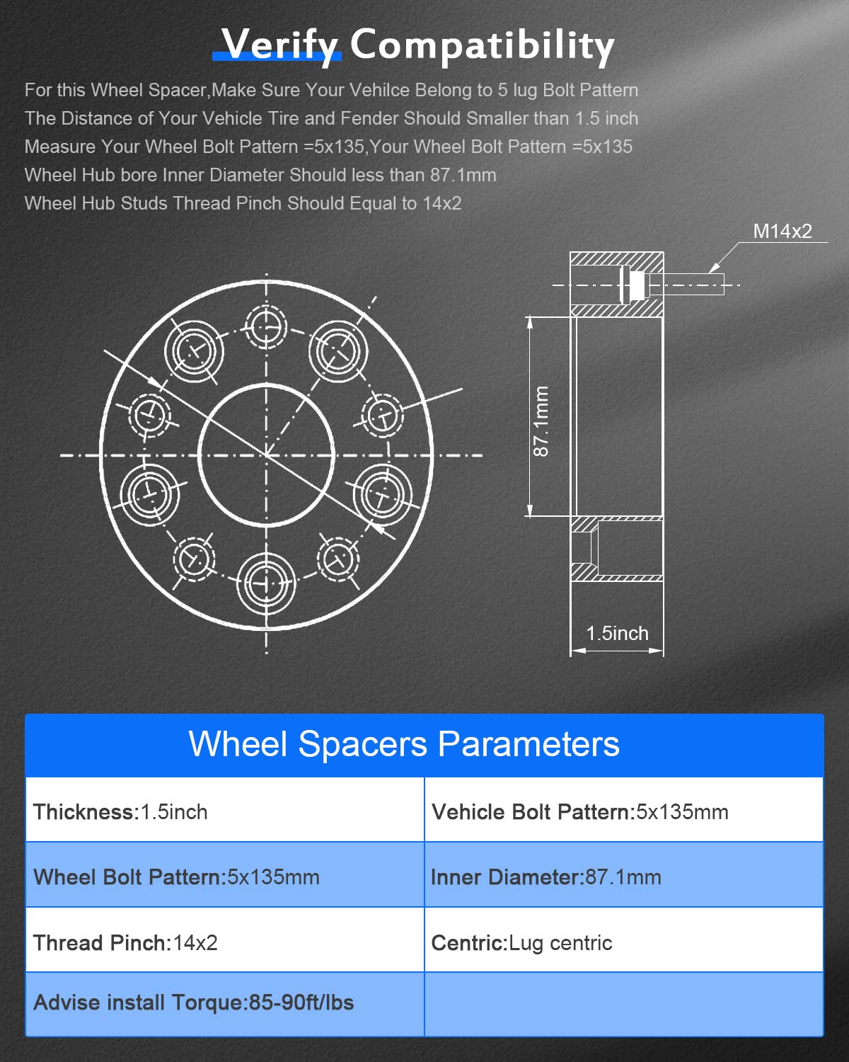 ECCPP 4X 5x135 Wheel Spacers 5 Lug 1.5" 5x135mm to 5x135mm for Ford Expedition for Ford F150 for Navigator Wheel Spacer with 14x2 Studs