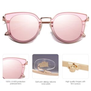 SOJOS Fashion Round Polarized Sunglasses for Women UV400 Mirrored Lens SJ1057 with Rose Gold Frame/Pink Mirrored Lens