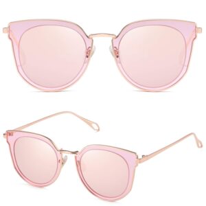 SOJOS Fashion Round Polarized Sunglasses for Women UV400 Mirrored Lens SJ1057 with Rose Gold Frame/Pink Mirrored Lens