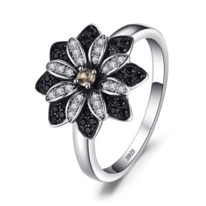 jewelrypalace daisy flower sunflower genuine natural smoky quartz black spinel cocktail rings for women, 14k white gold plated 925 sterling silver rings for her, natural gemstone jewelry sets 6