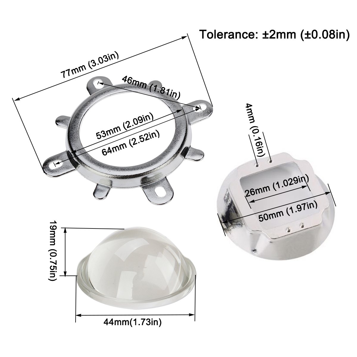 Chanzon LED Lens Optical Glass (44mm 60degree) + 50mm Reflector Collimator Houseing + Fixed Bracket with Holder For 20W 30W 50W 80W 100W High Power Light SMD COB Chips Focus 20 50 100 W Watt 60 degree