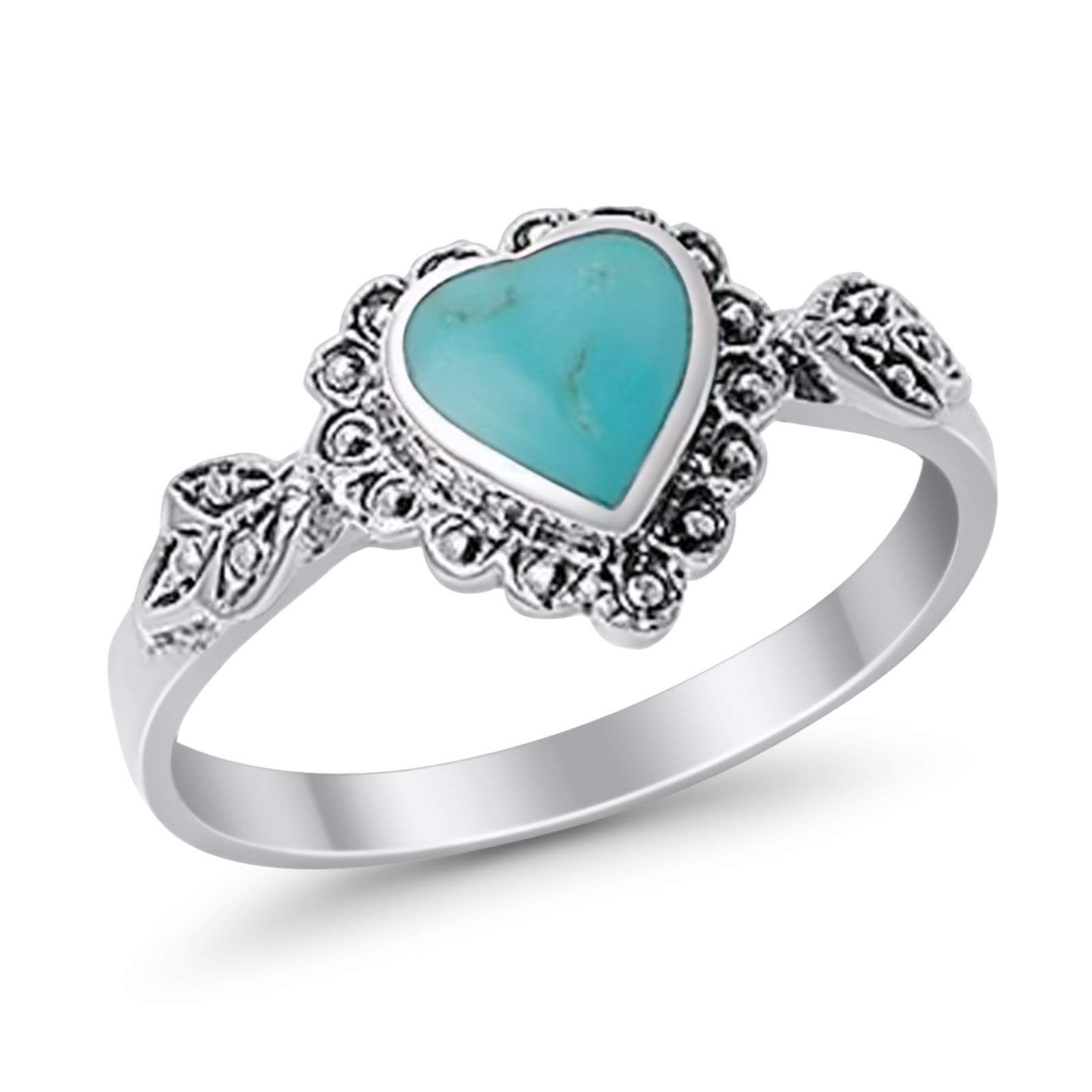 Blue Apple Co. Simulated Turquoise CZ Size-8 Promise Heart Ring Round 925 Sterling Silver