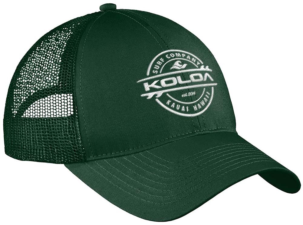 Joe's USA Koloa Surf Thruster Logo Old School Curved Bill Mesh Snapback Hat-Forest/w