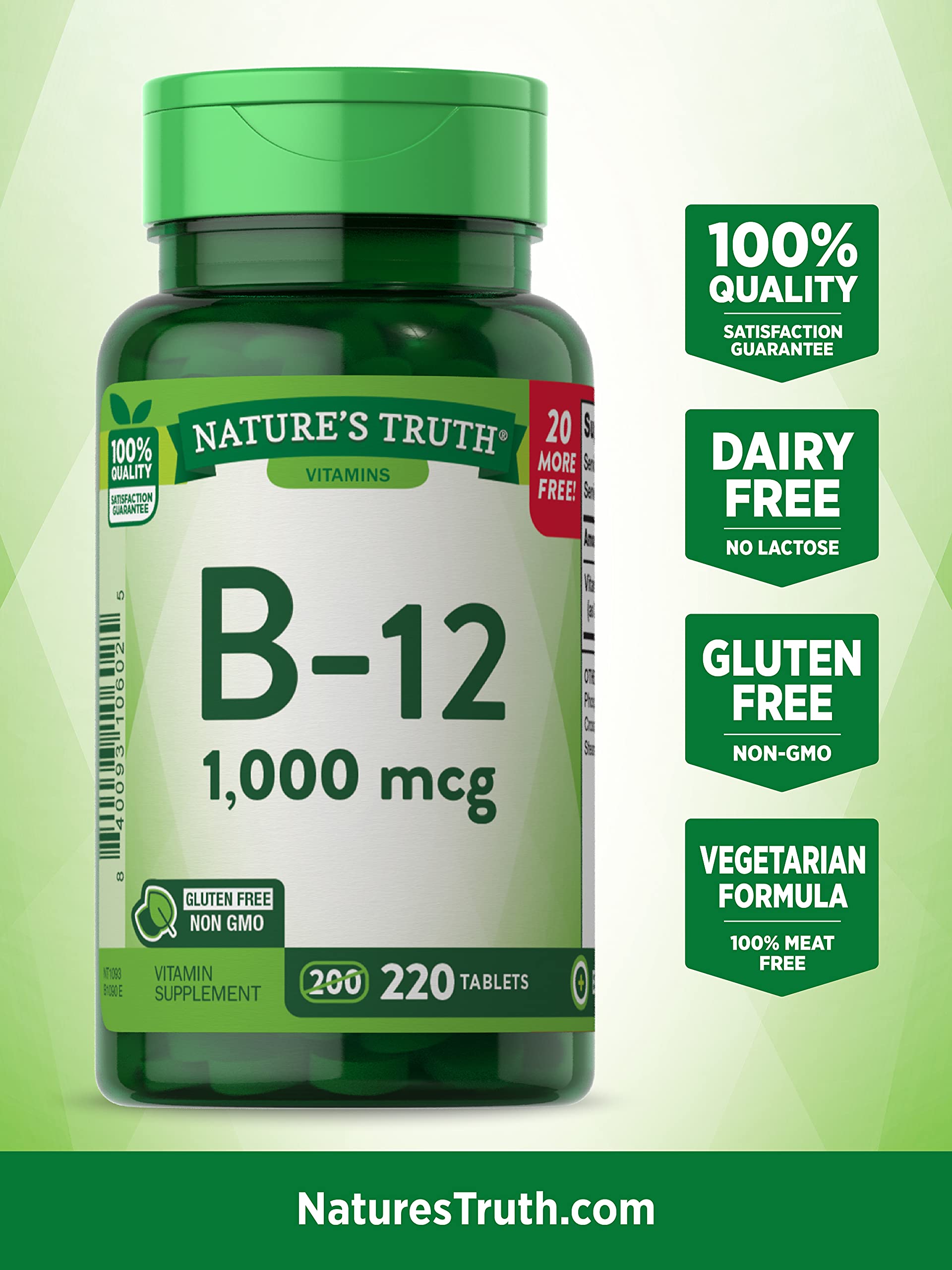 Nature's Truth B12 Vitamin Tablets | 1000 mcg | 220 Count | Non-GMO & Gluten Free Supplement