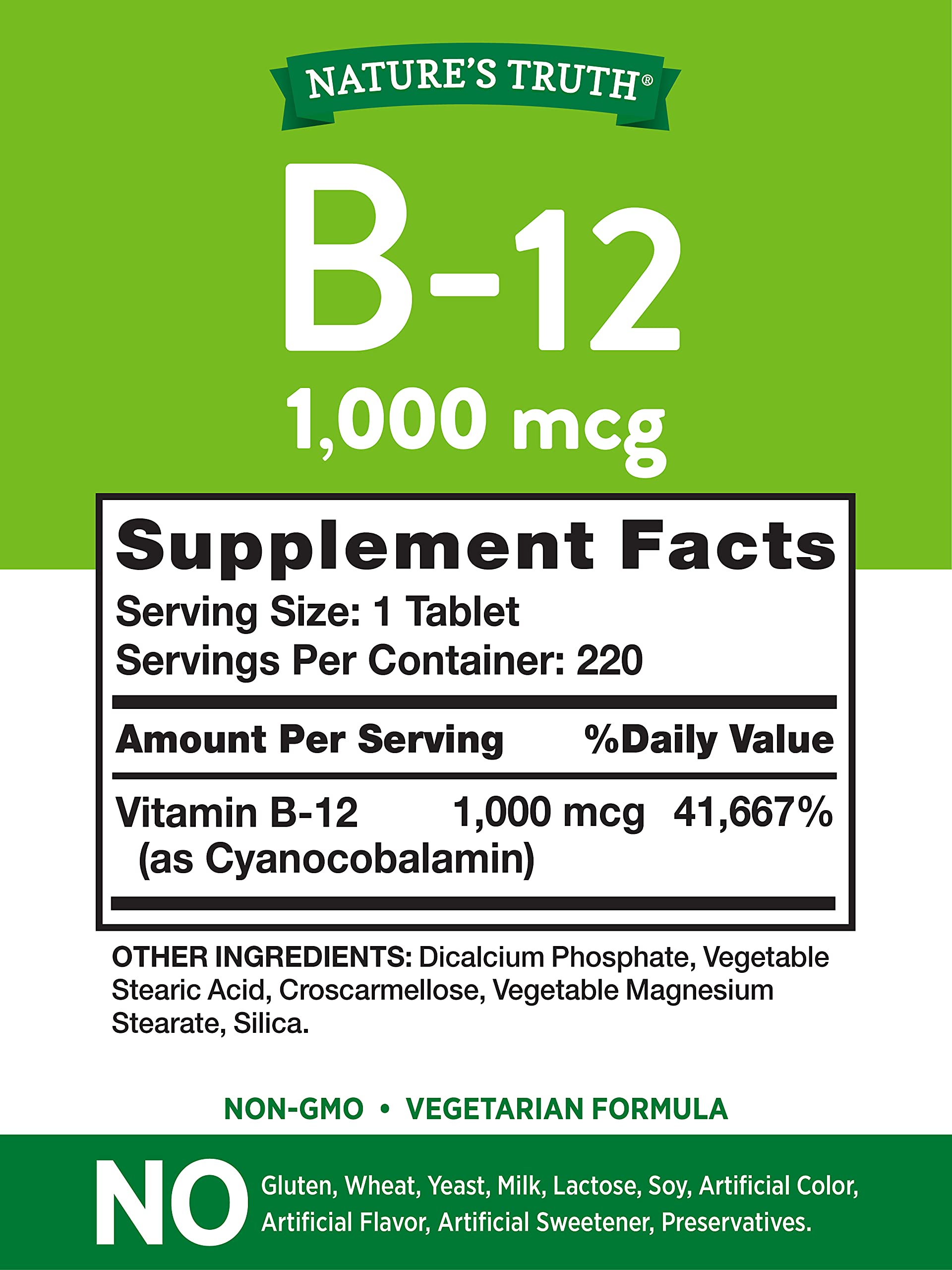 Nature's Truth B12 Vitamin Tablets | 1000 mcg | 220 Count | Non-GMO & Gluten Free Supplement