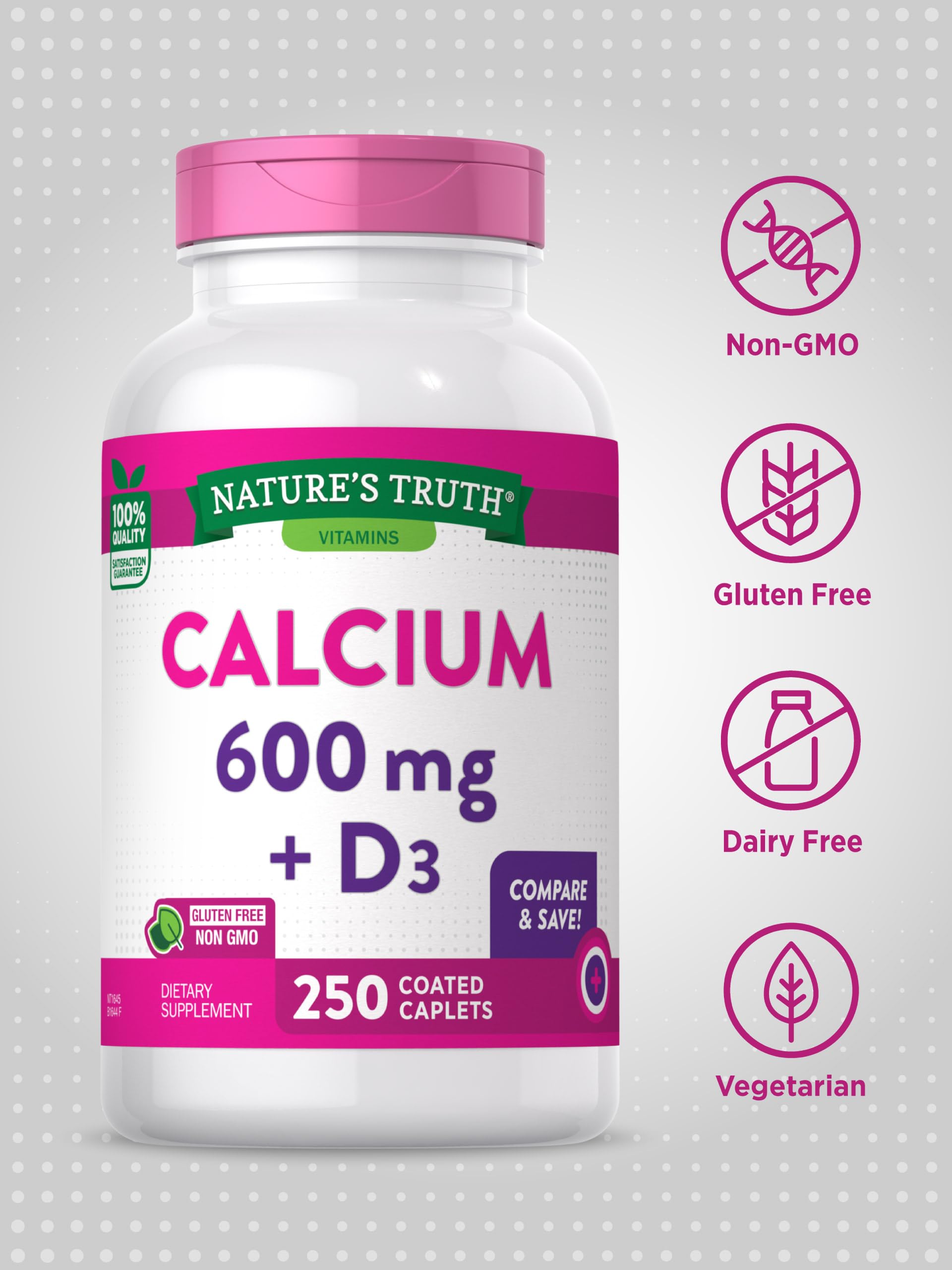 Nature's Truth Calcium 600mg with Vitamin D3 | 250 Tablets | Calcium Carbonate Supplement | Vegetarian, Non-GMO & Gluten Free