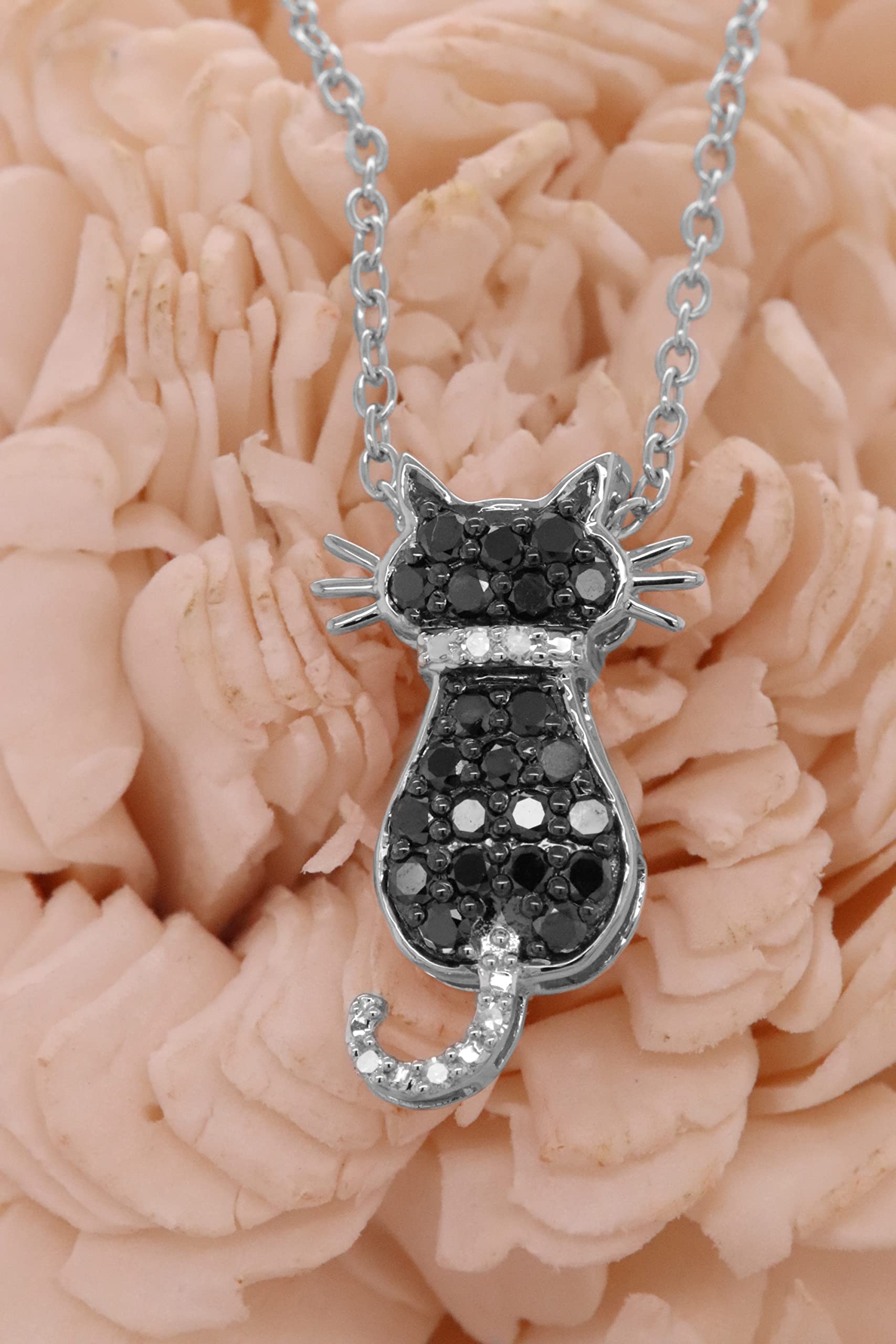 Dazzlingrock Collection 0.40 Carat (ctw) Round Black and White Diamond Kitty Cat Feline Animal Pendant | 10K White Gold