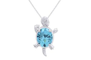 jewel zone us simulated aquamarine gemstone & cubic zirconia turtle pendant necklace in 14k white gold over sterling silver, 18" chain