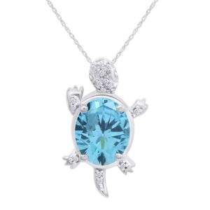 Jewel Zone US Simulated Aquamarine Gemstone & Cubic Zirconia Turtle Pendant Necklace In 14k White Gold Over Sterling Silver, 18" Chain