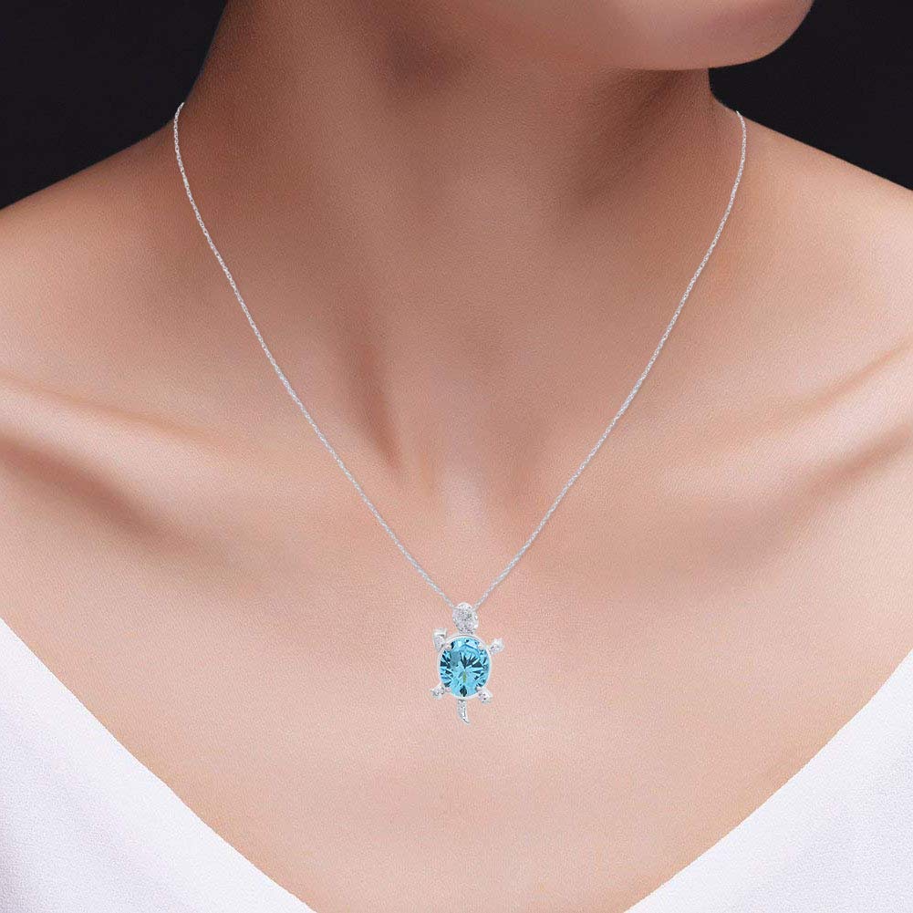 Jewel Zone US Simulated Aquamarine Gemstone & Cubic Zirconia Turtle Pendant Necklace In 14k White Gold Over Sterling Silver, 18" Chain