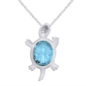 Jewel Zone US Simulated Aquamarine Gemstone & Cubic Zirconia Turtle Pendant Necklace In 14k White Gold Over Sterling Silver, 18" Chain