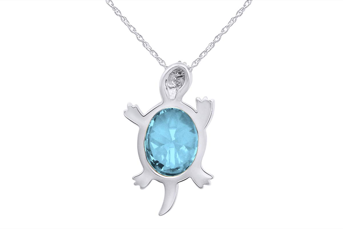 Jewel Zone US Simulated Aquamarine Gemstone & Cubic Zirconia Turtle Pendant Necklace In 14k White Gold Over Sterling Silver, 18" Chain