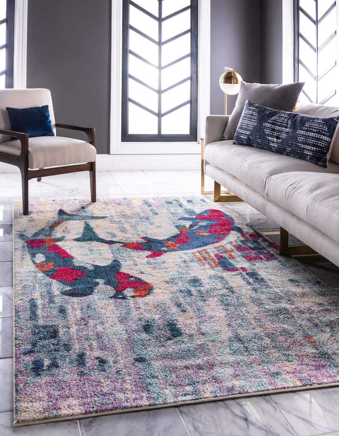 Unique Loom Positano Collection Coastal Modern Koi Fish Beige Area Rug (8' x 10')