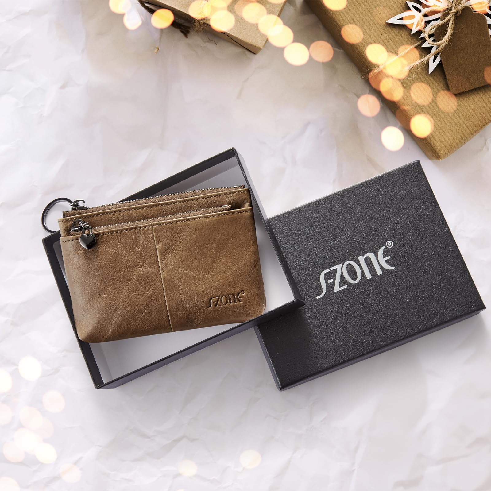 S-ZONE Genuine Leather Coin Purse Women Small Change Wallet Pouch Card Holder with Keychain Gift Box