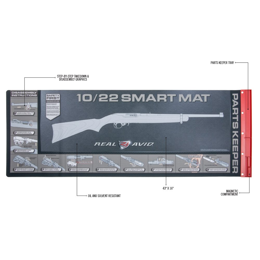 Real Avid 10 22 Smart Mat - 43x16" | Ruger 10 22 Gun Mat w/ Disassembly Instructions | Oil Resistant Shock Absorbing Mat w/ Magnetic Parts Tray | Perfect Addition to Gun Cleaning Supplies For 22 Rifle