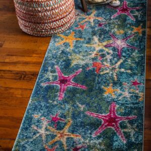 Unique Loom Positano Collection Coastal Modern Bright Colors Starfish Navy Blue Runner Rug (3' x 10')