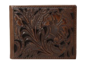 ariat men's tonal brown floral inlay trifold leather wallet, compact, one size