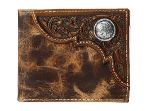 ariat men's leather distressed corner over circle bi-fold wallet, compact, tan, one size