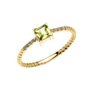 14k yellow gold diamond and princess cut solitaire peridot dainty promise/engagement ring (size 9)