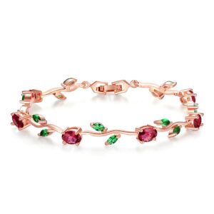 bisaer mothers day gift/lovely rose gold plated bracelets with aaa cubic zirconia ruby flower emerald leaf beautiful vine bracelet for women 7 inch-ideal tennis bracelets valentine’s day gift