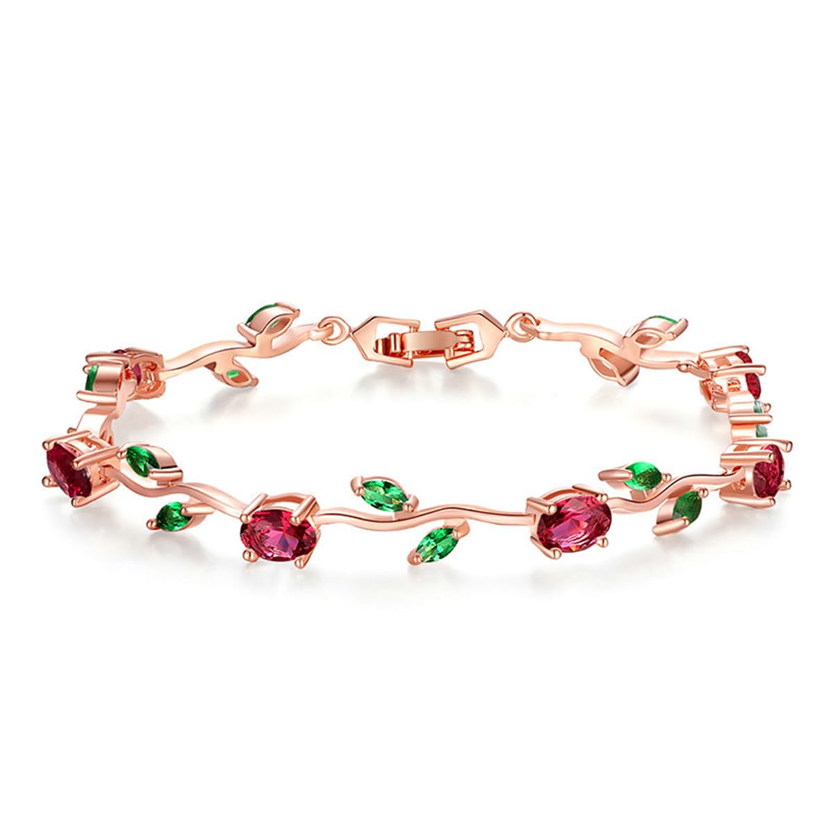 BISAER Mothers Day Gift/Lovely Rose Gold Plated Bracelets with AAA Cubic Zirconia Ruby Flower Emerald Leaf Beautiful Vine Bracelet for Women 7 Inch-Ideal Tennis Bracelets Valentine’s Day Gift