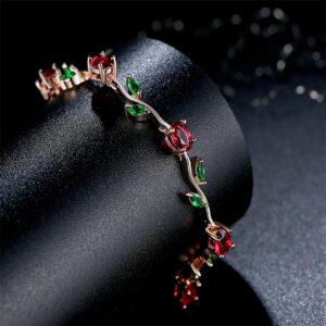 BISAER Mothers Day Gift/Lovely Rose Gold Plated Bracelets with AAA Cubic Zirconia Ruby Flower Emerald Leaf Beautiful Vine Bracelet for Women 7 Inch-Ideal Tennis Bracelets Valentine’s Day Gift