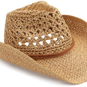 Melesh Adult Sun Straw Western Cowboy Hat (Khaki)