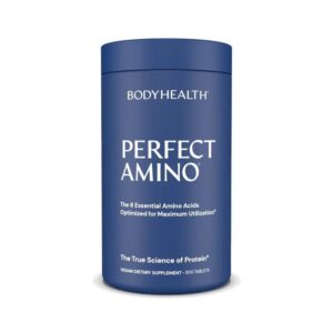 bodyhealth perfectamino (300 tablets) 8 essential amino acids supplements with bcaa, increase muscle recovery, boost energy & stamina, 99% utilization, vegan branched chain protein pre/post workout