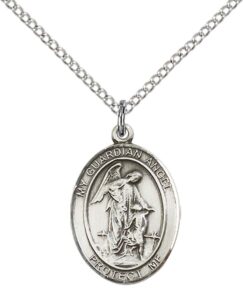 f a dumont sterling silver guardian angel pendant with 18" stainless steal lite curb chain.