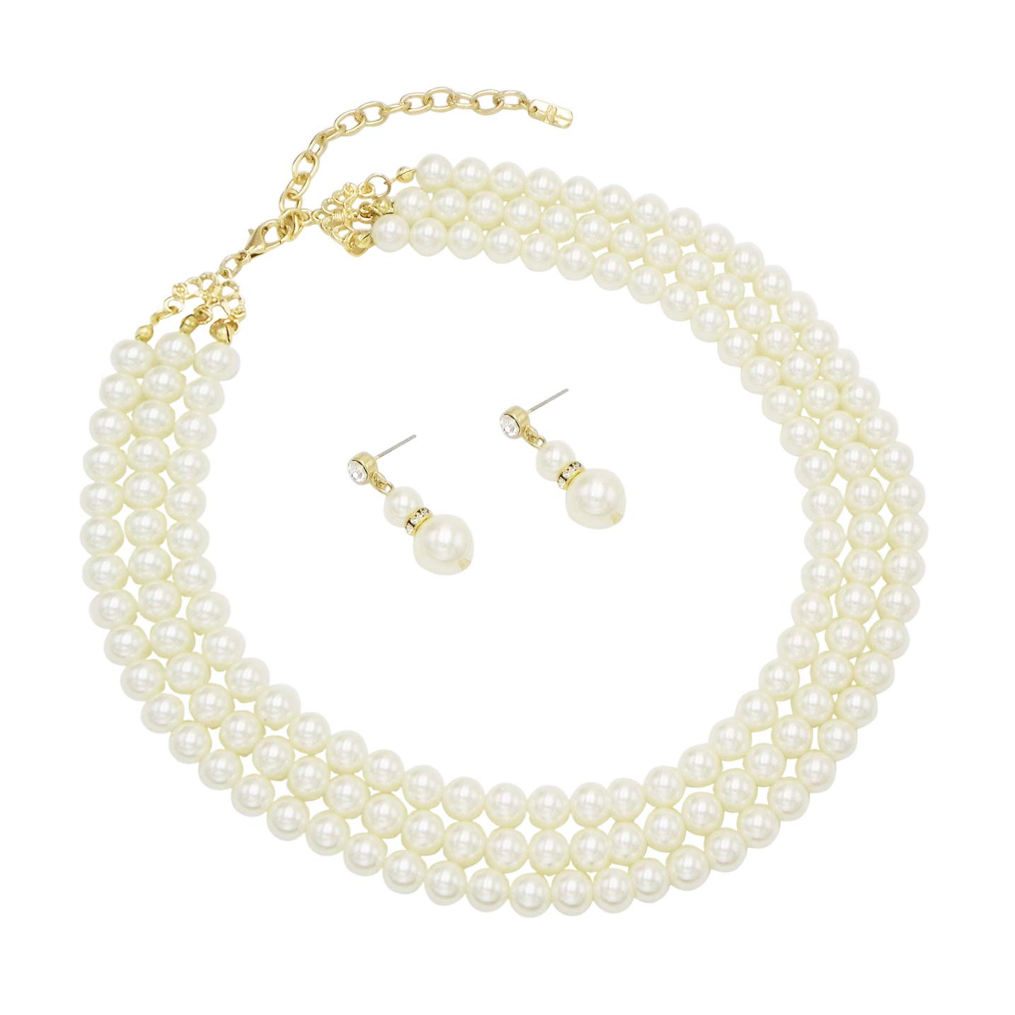 Rosemarie Collections Women's Multi Strand Classic Cream Faux Pearl Necklace and Earrings Jewelry Set, 16"-19" with 3" Extender (Cream/Gold Tone)