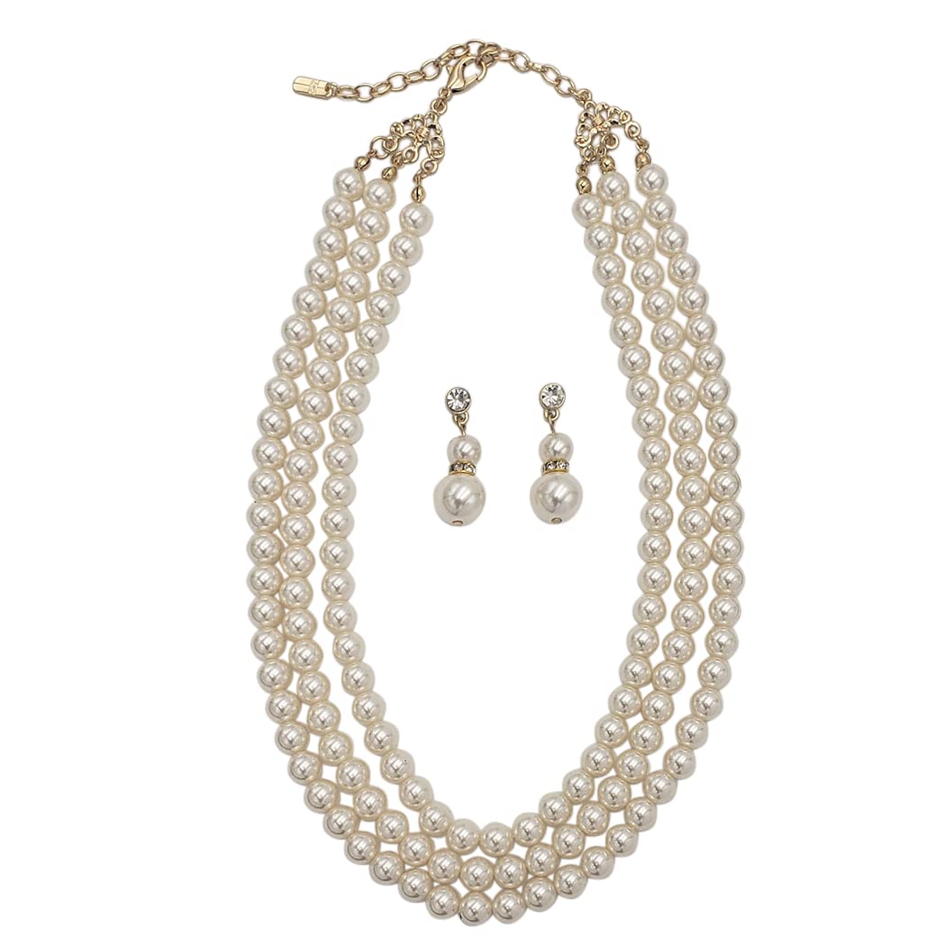 Rosemarie Collections Women's Multi Strand Classic Cream Faux Pearl Necklace and Earrings Jewelry Set, 16"-19" with 3" Extender (Cream/Gold Tone)