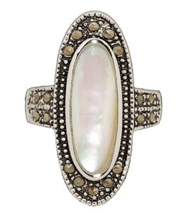 glamour rings genuine mother of pearl and marcasite statement ring in rhodium size 9